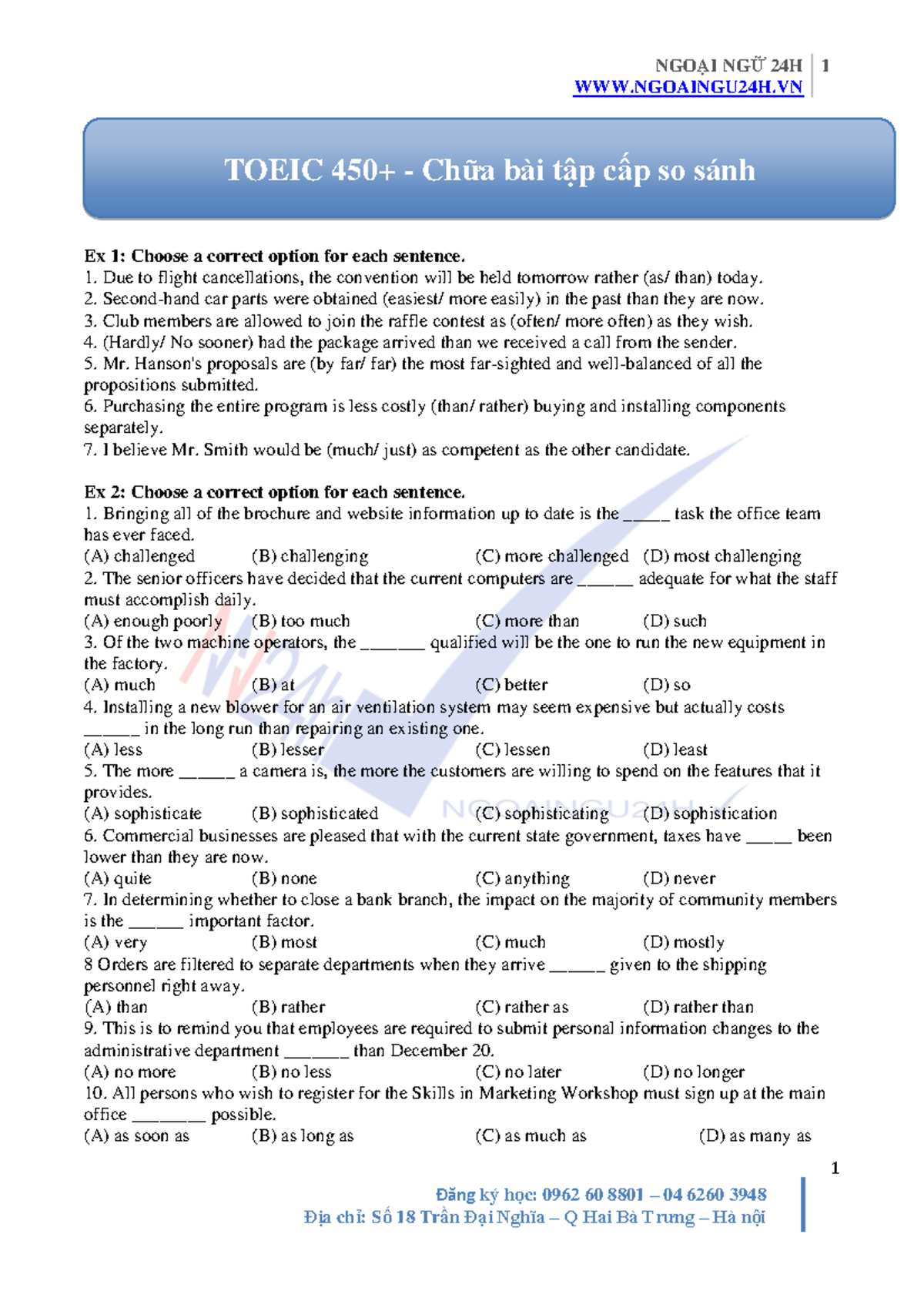 Toeic 450 - Chữa bài tập cấp so sánh - NGOẠI NGỮ 24H WWW.NGOAINGU24H 1 ...