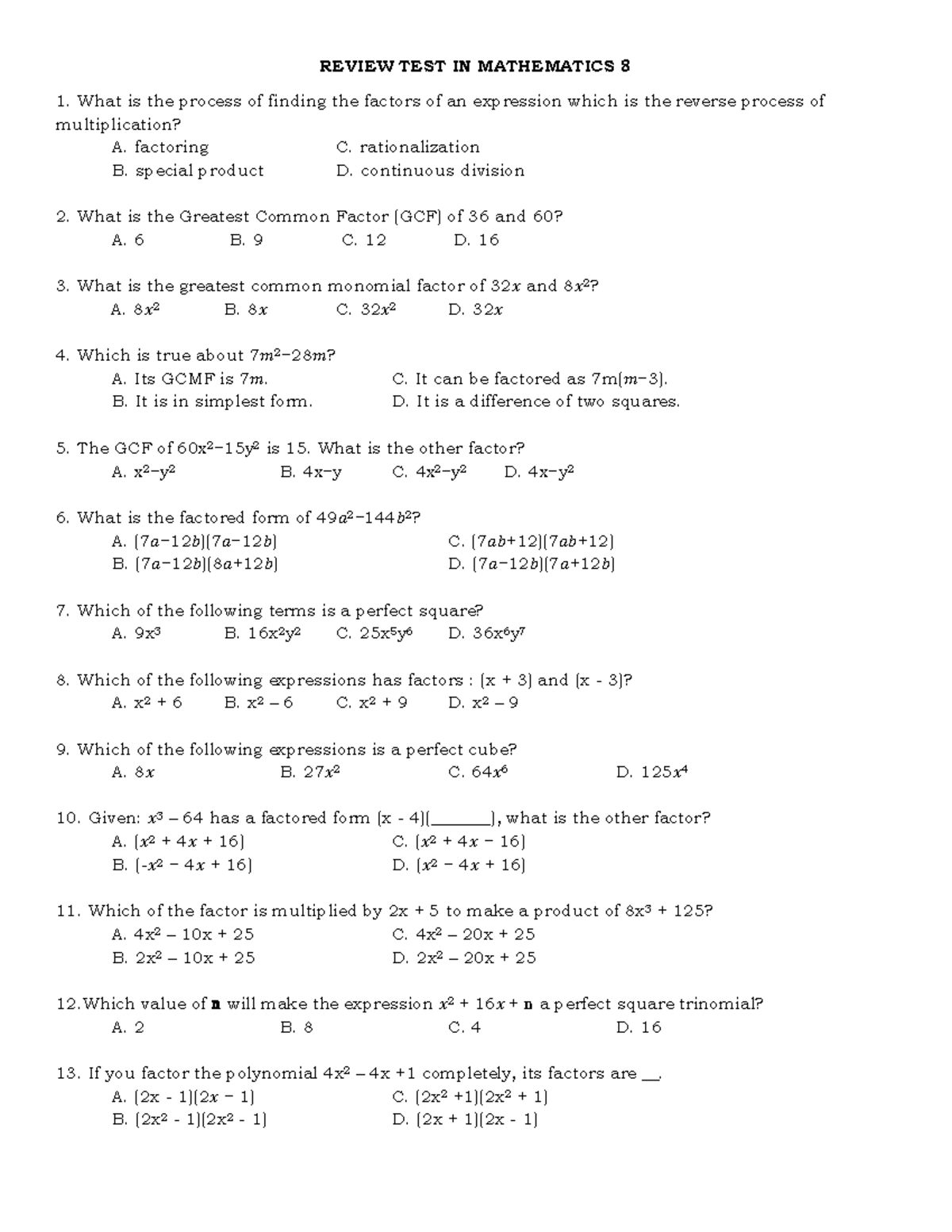 Review TEST IN Mathematics 8 - REVIEW TEST IN MATHEMATICS 8 What is the ...