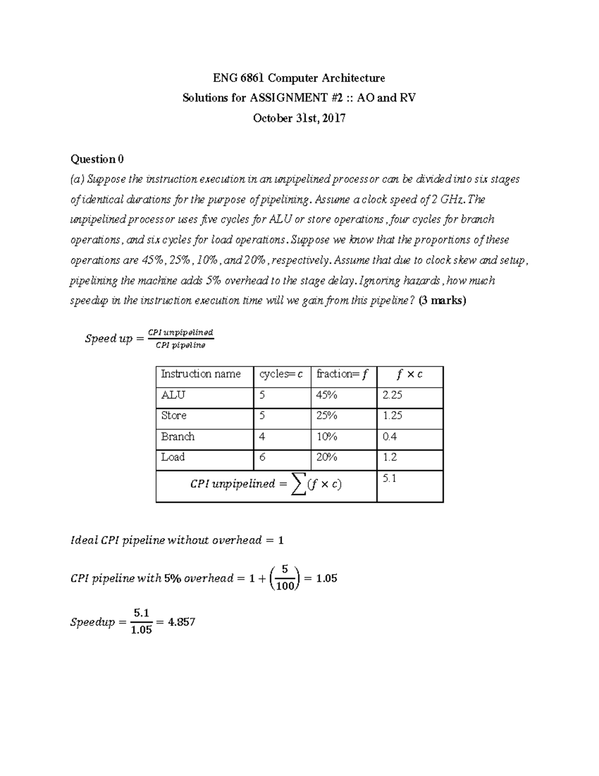 Solutions Assignment #2 - ENG 6861 Computer Architecture Solutions for ASSIGNMENT #2 :: AO and ...