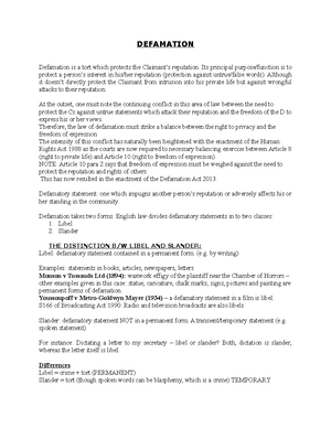Defamation lecture notes - Defamation (Pt I) Introduction Introduction ...