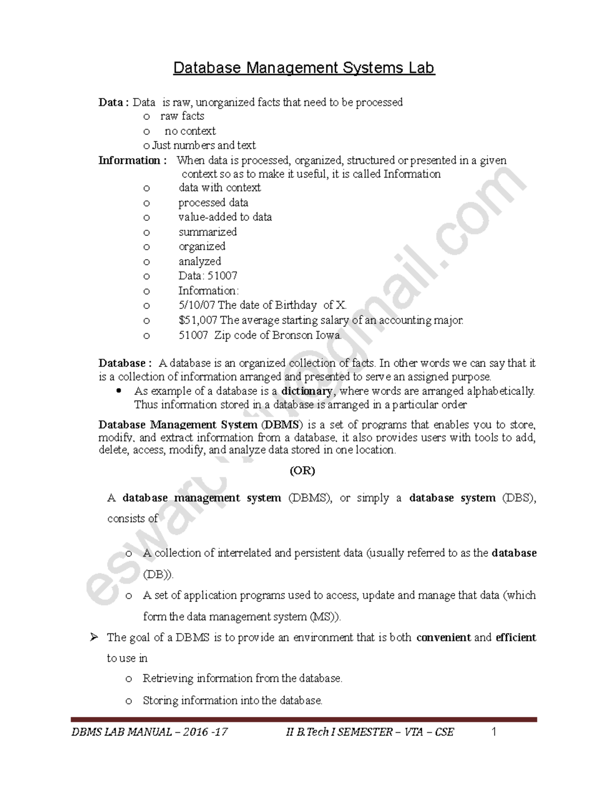 Lab manual - dbms- Jntua - Eswar-2019 - Database Management Systems Lab Data : Data is raw ...