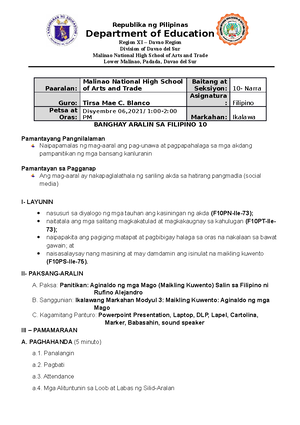 FIL 10 Diagnostic Exam - DIAGNOSTIC EXAM FILIPINO 10 Direction ...