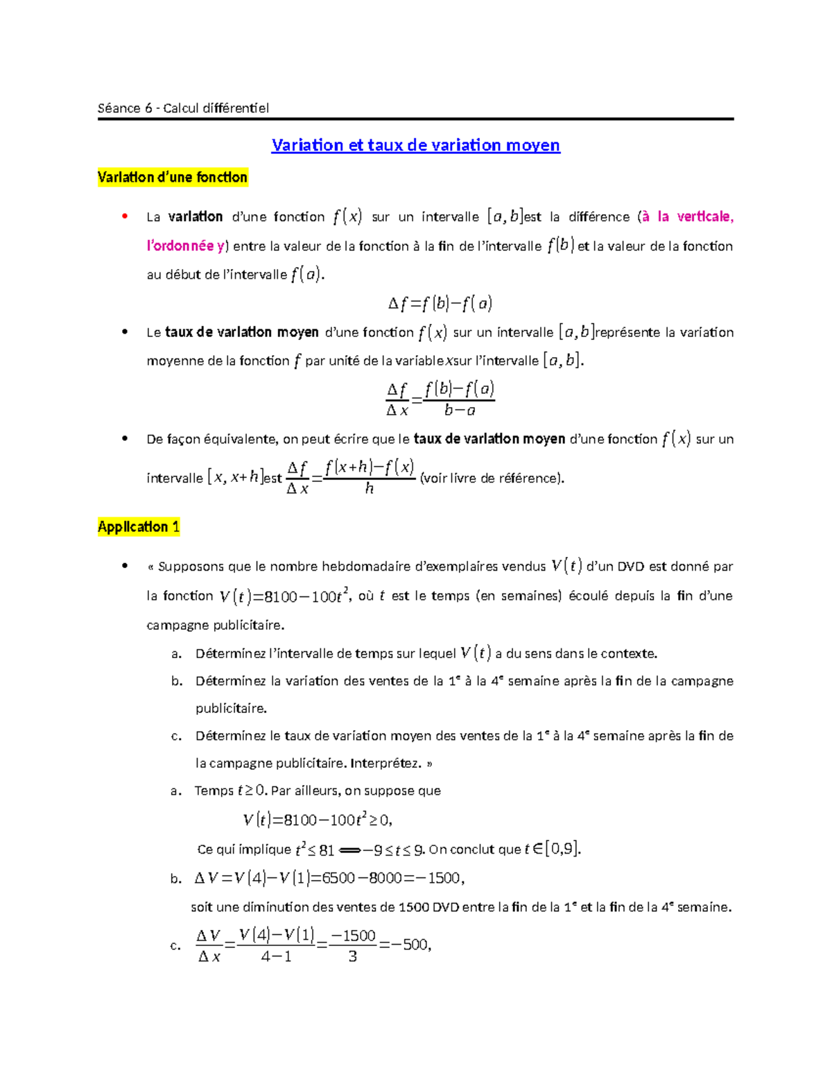 Séance 6 et 7 calcul différentiel - Séance 6 - Calcul différentiel Variation et taux de ...