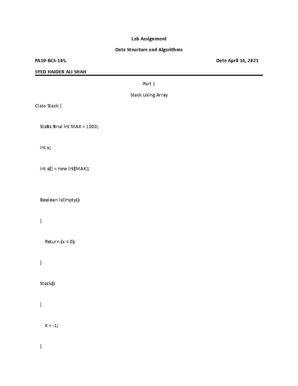 Stack using Arrays - Lab Assignment Data Structure and Algorithms FA19 ...