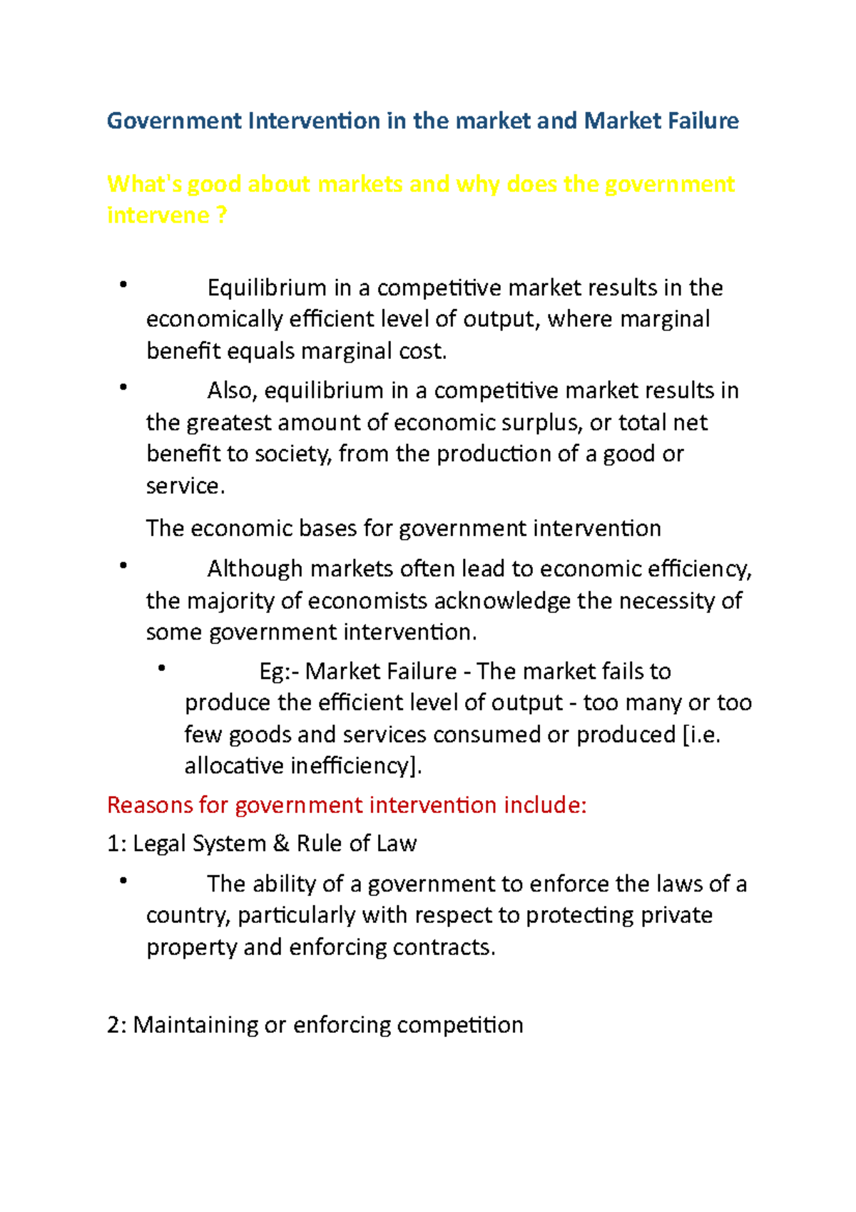 Intro to Economics - Week 10 Notes - Government Intervention in the ...