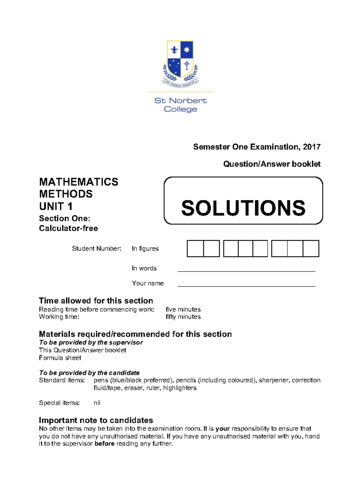 Non-Calc Solutions - Semester One Examination, 2017 Question/Answer ...