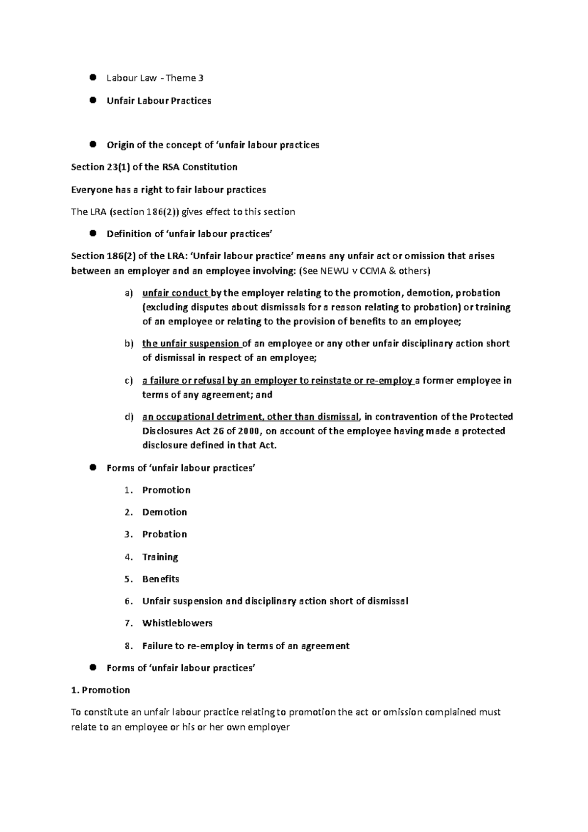 Labour Law - Theme 3 Notes - Labour Law - Theme 3 Unfair Labour ...