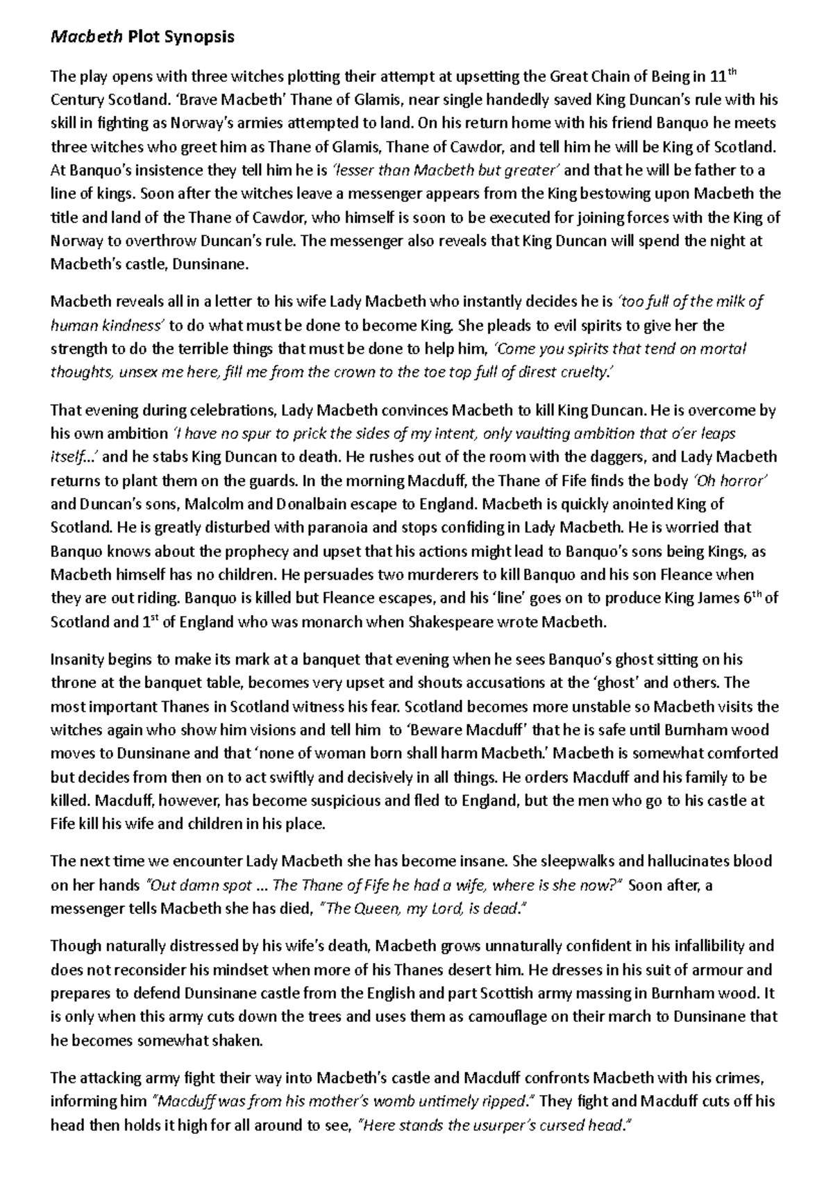 Macbeth-Plot-Synopsis - Macbeth Plot Synopsis The play opens with three ...