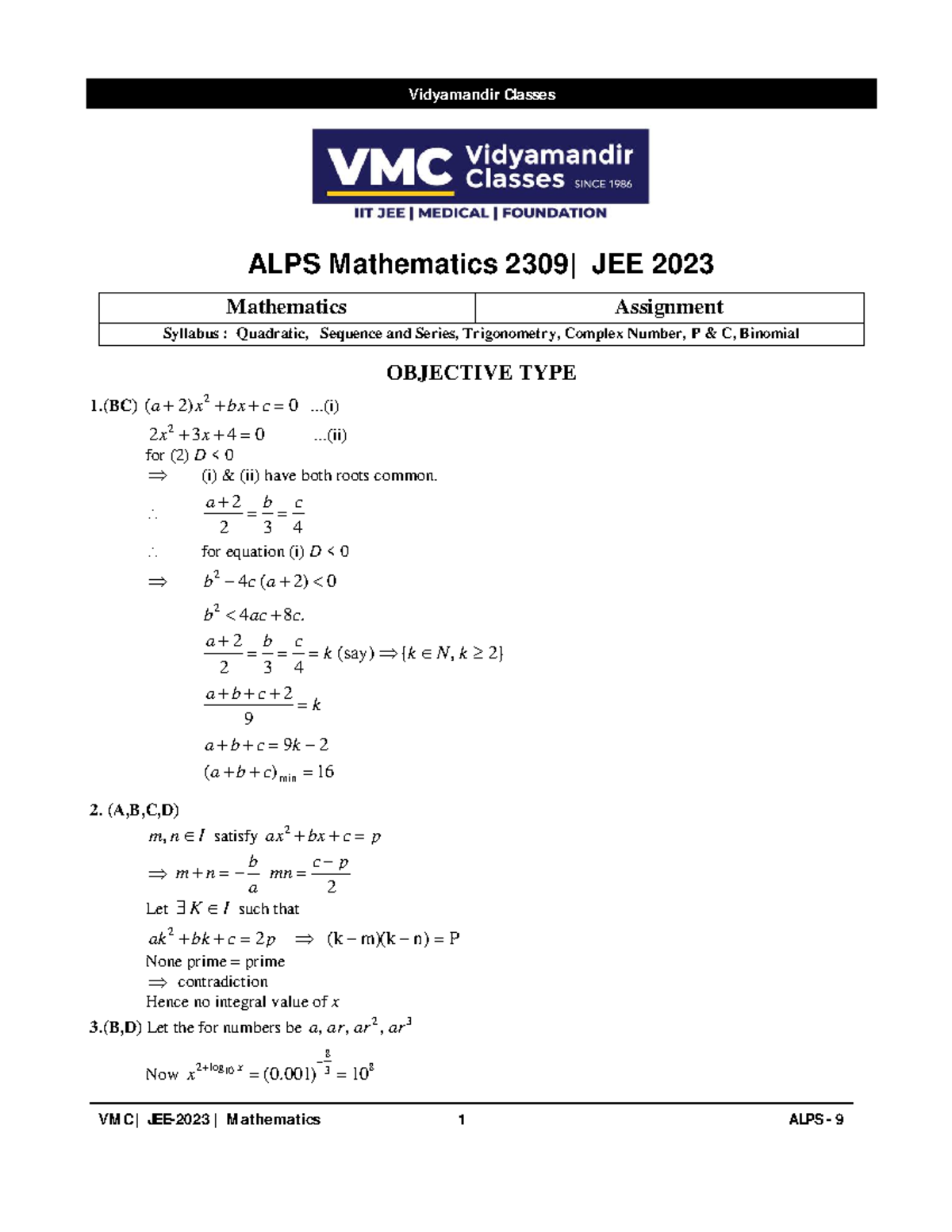 ALPS 2209 Assignment Solutions - ALPS Mathematics 2309| JEE 2023 ...