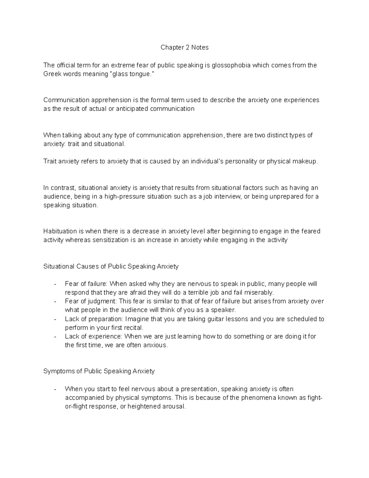 Chapter 2 Notes - Chapter 2 Notes The official term for an extreme fear ...