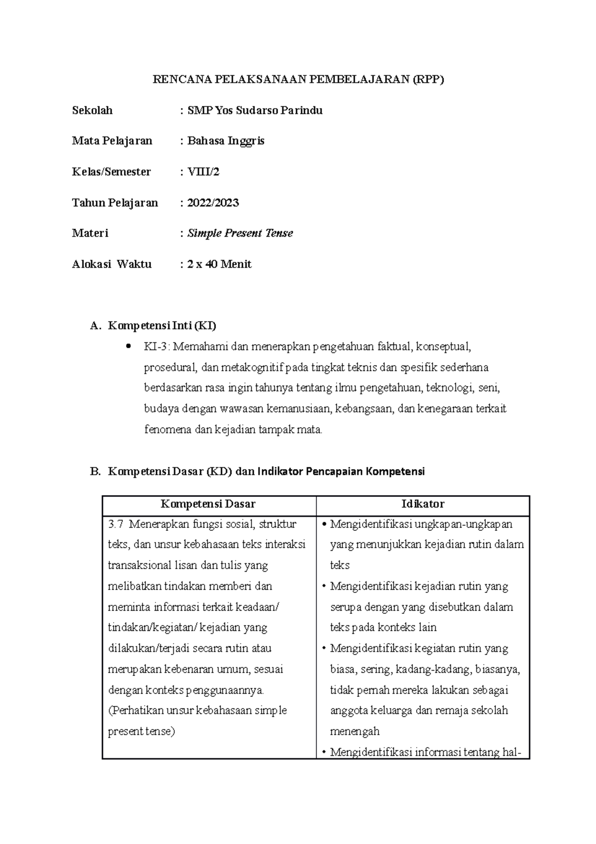 RPP 1 (Simple Present) - RPP - RENCANA PELAKSANAAN PEMBELAJARAN (RPP ...
