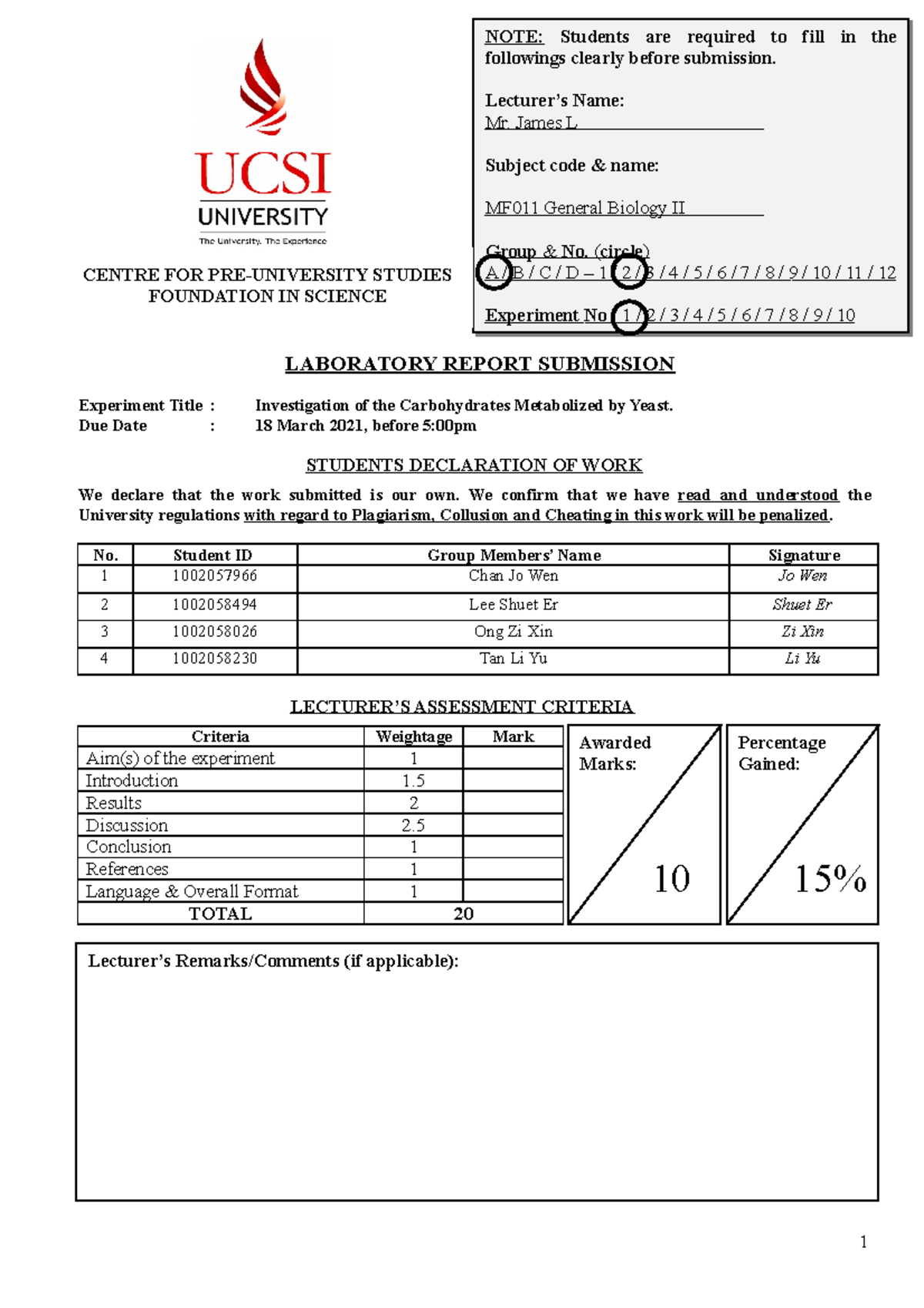 2021 JAN MF011 LAB A2 EXP 1 - LABORATORY REPORT SUBMISSION Experiment ...