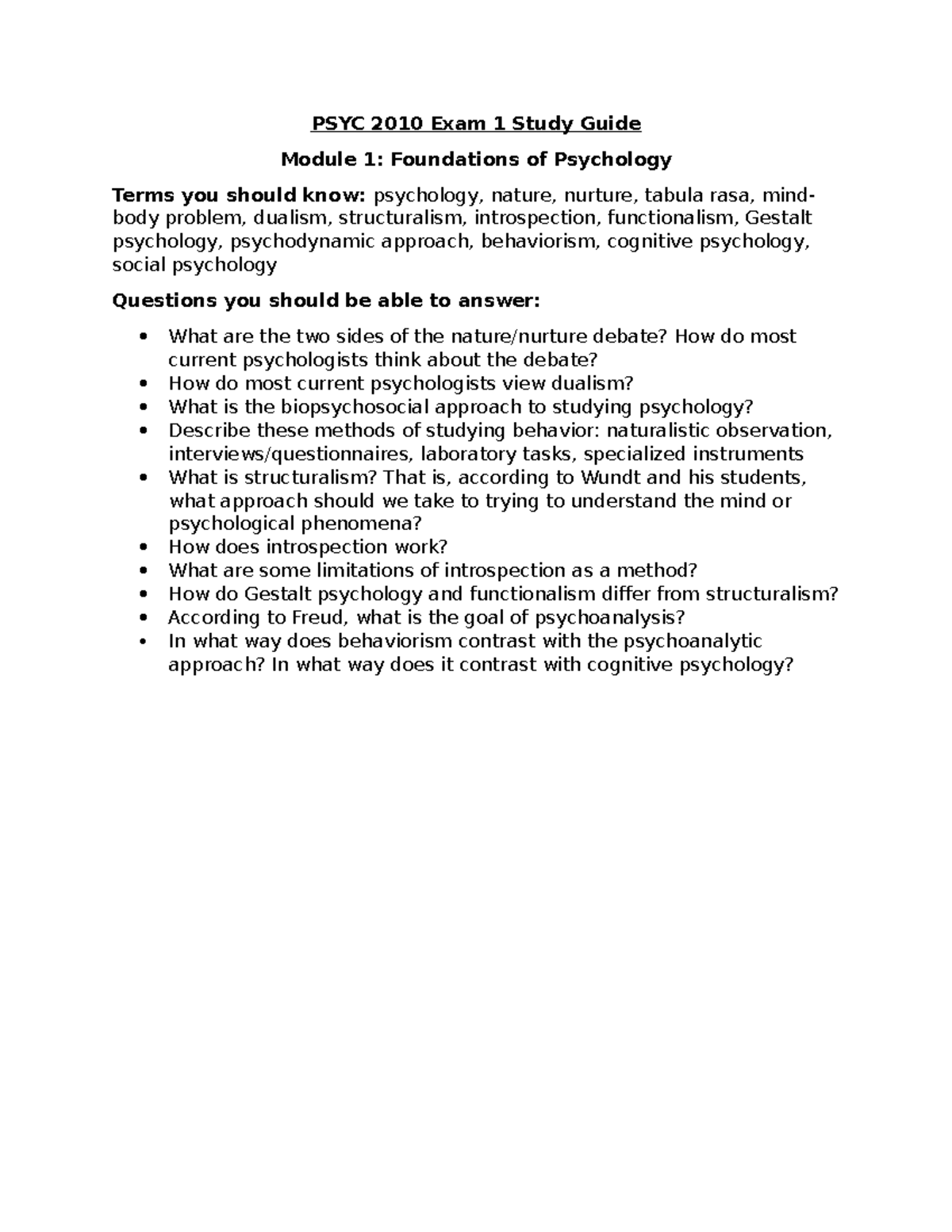 PSYC 2010 Module 1 Study Guide - PSYC 2010 - Studocu