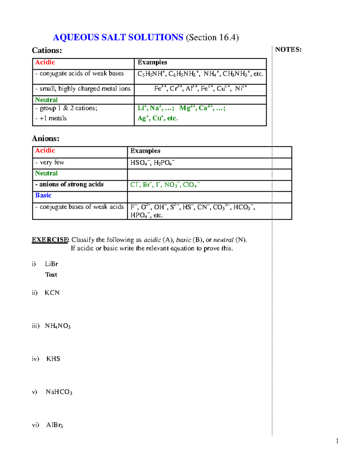 Aquesous Salt Solutions and Buffers - AQUEOUS SALT SOLUTIONS (Section ...