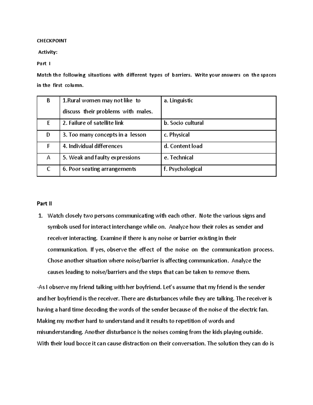 Purposive Communication Unit 1 - CHECKPOINT Activity: Part I Match the ...