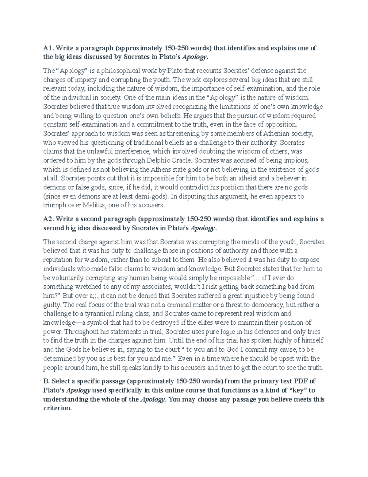 Writing Assignment Plato Unit - A1. Write a paragraph (approximately ...