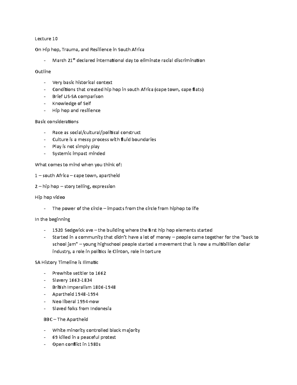 LABR 2P91 - Week 10 Lecture Note March 21 19 - Lecture 10 On Hip hop ...
