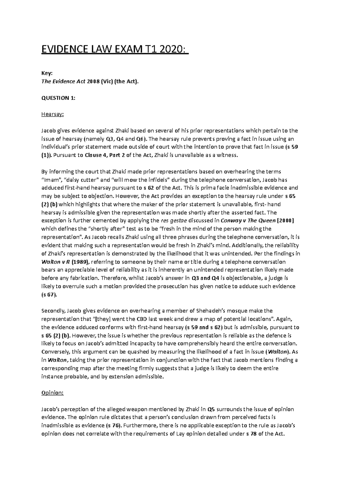 217258668 MLL334 Evidence[ 7471] - EVIDENCE LAW EXAM T1 2020: Key: The ...