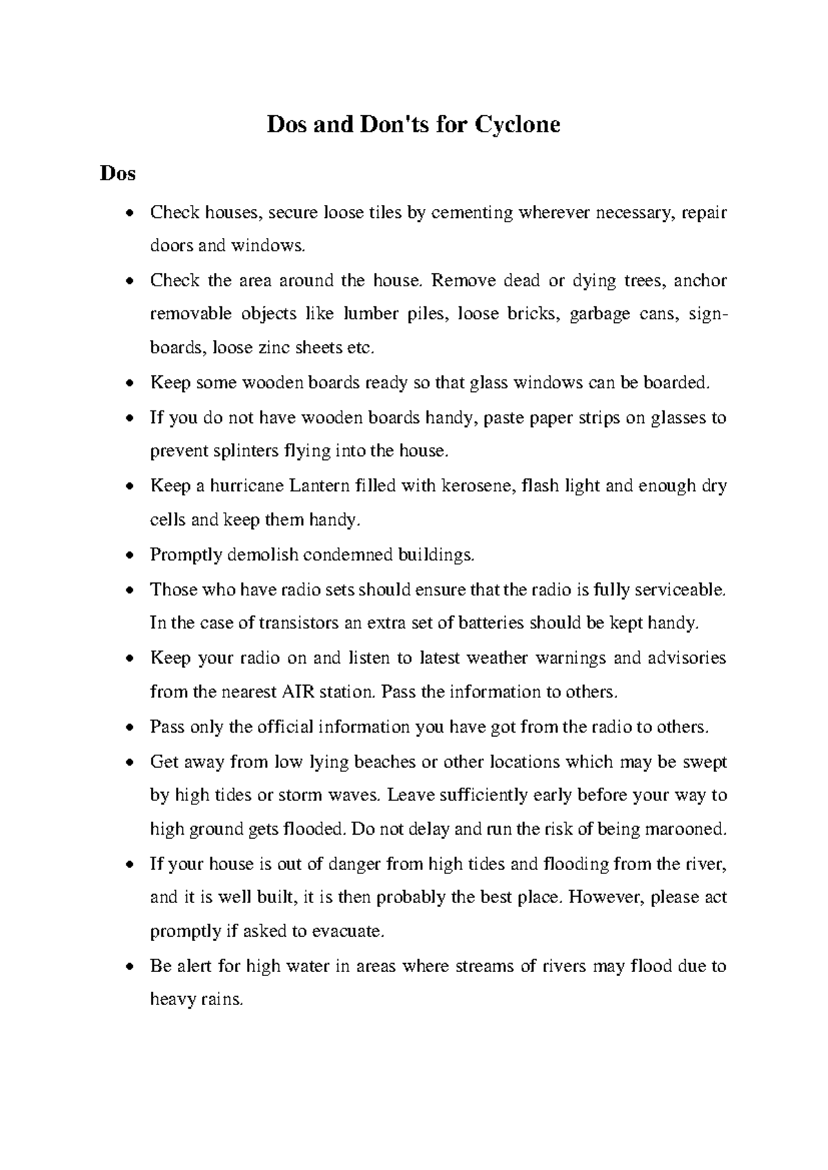Cyclone Dos and Donts - Summary GE - GEOGRAPHY (Diaster Management ...