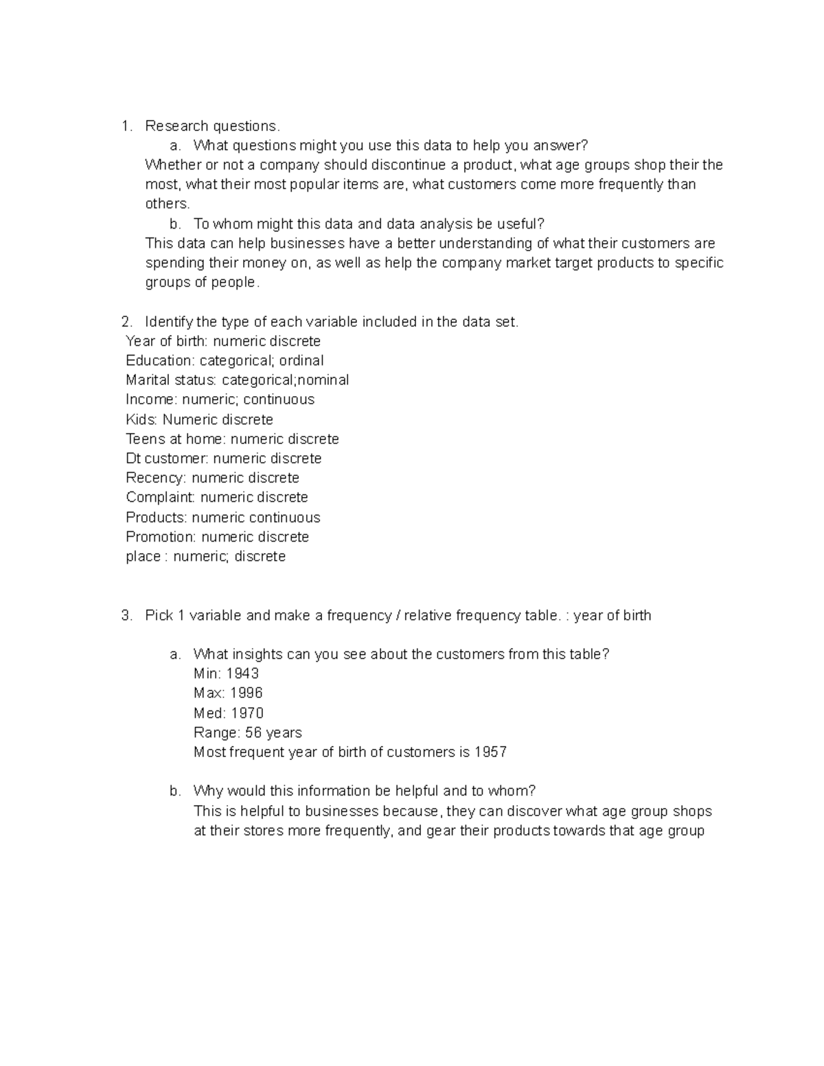 Data Project - Research questions. a. What questions might you use this ...