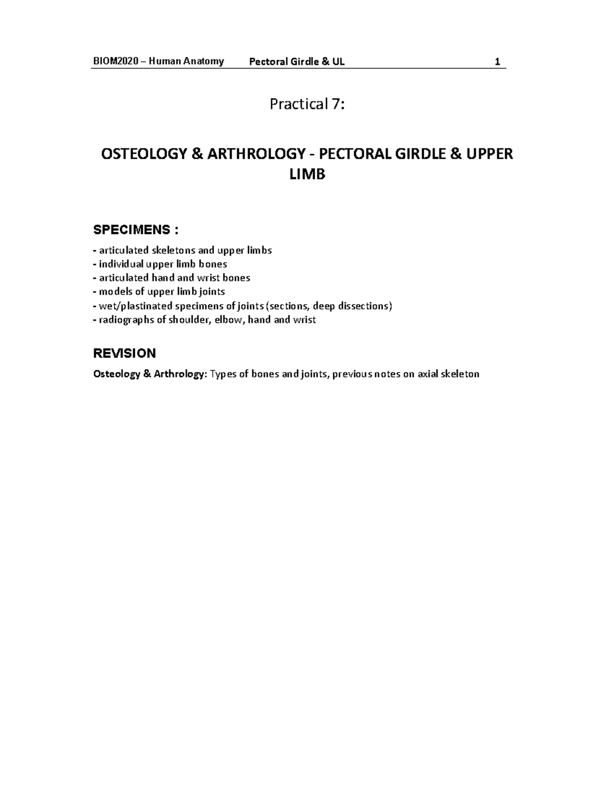 BIOM2020 Prac 7 - Practical 7: OSTEOLOGY & ARTHROLOGY ‐ PECTORAL GIRDLE ...