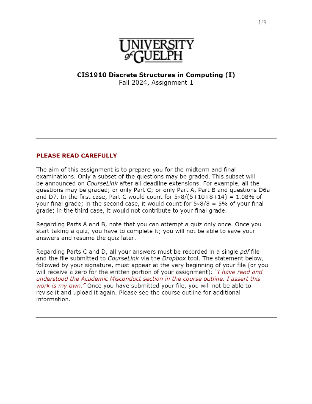 Assign 1 Cis 1910 0101 F24 Discrete Structures In Comp I University Cis1910 Discrete