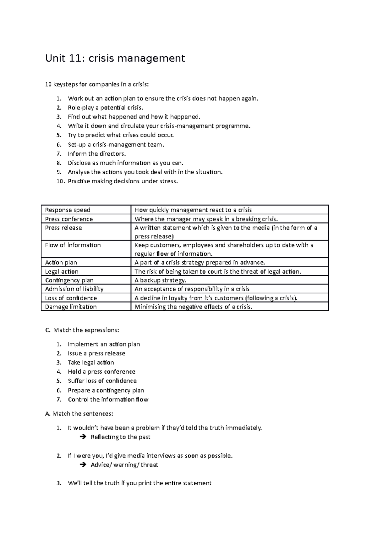 Unit 11 en 12 market leader - Unit 11: crisis management 10 keysteps ...