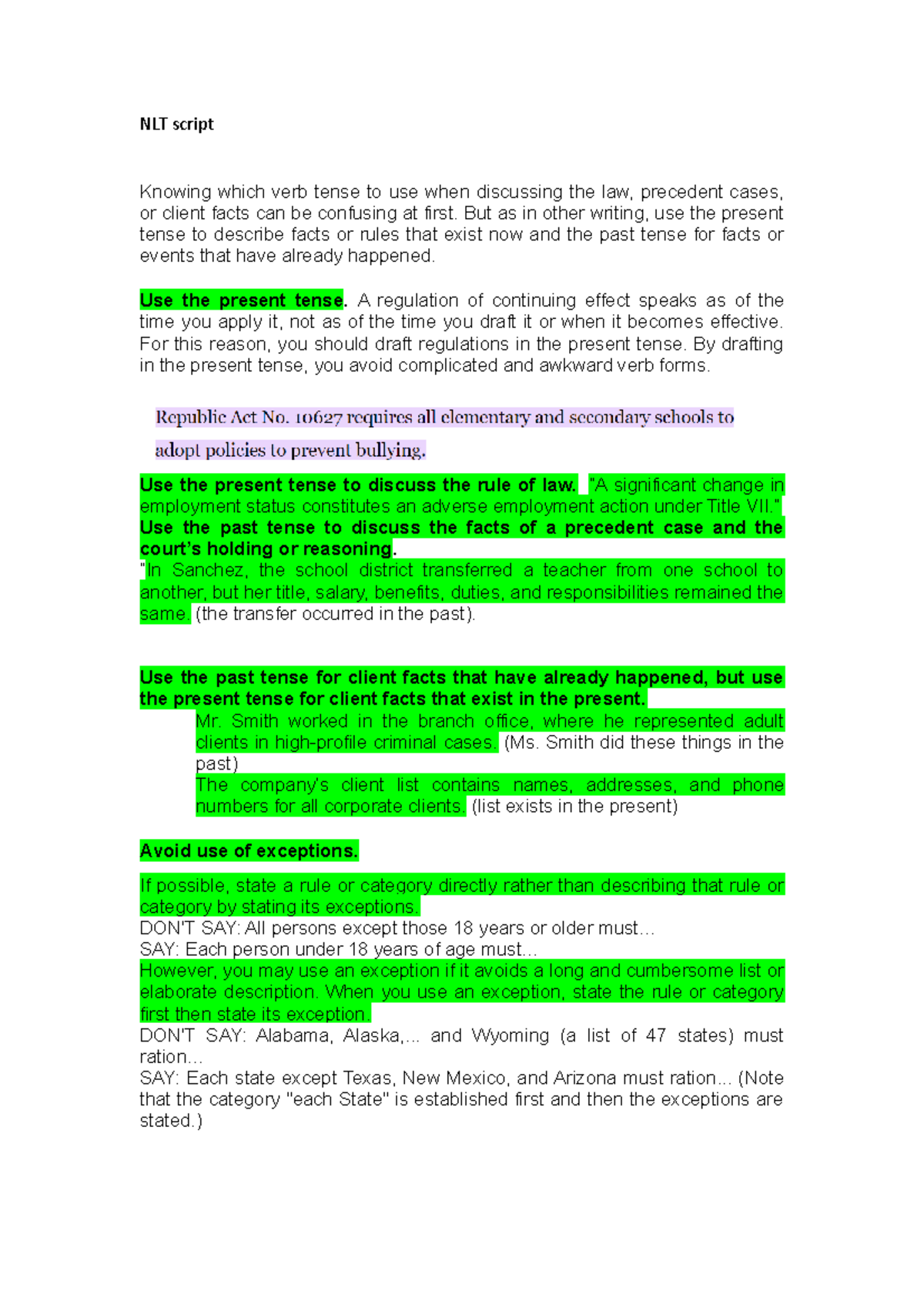 NLT script - NLT notes - NLT script Knowing which verb tense to use ...