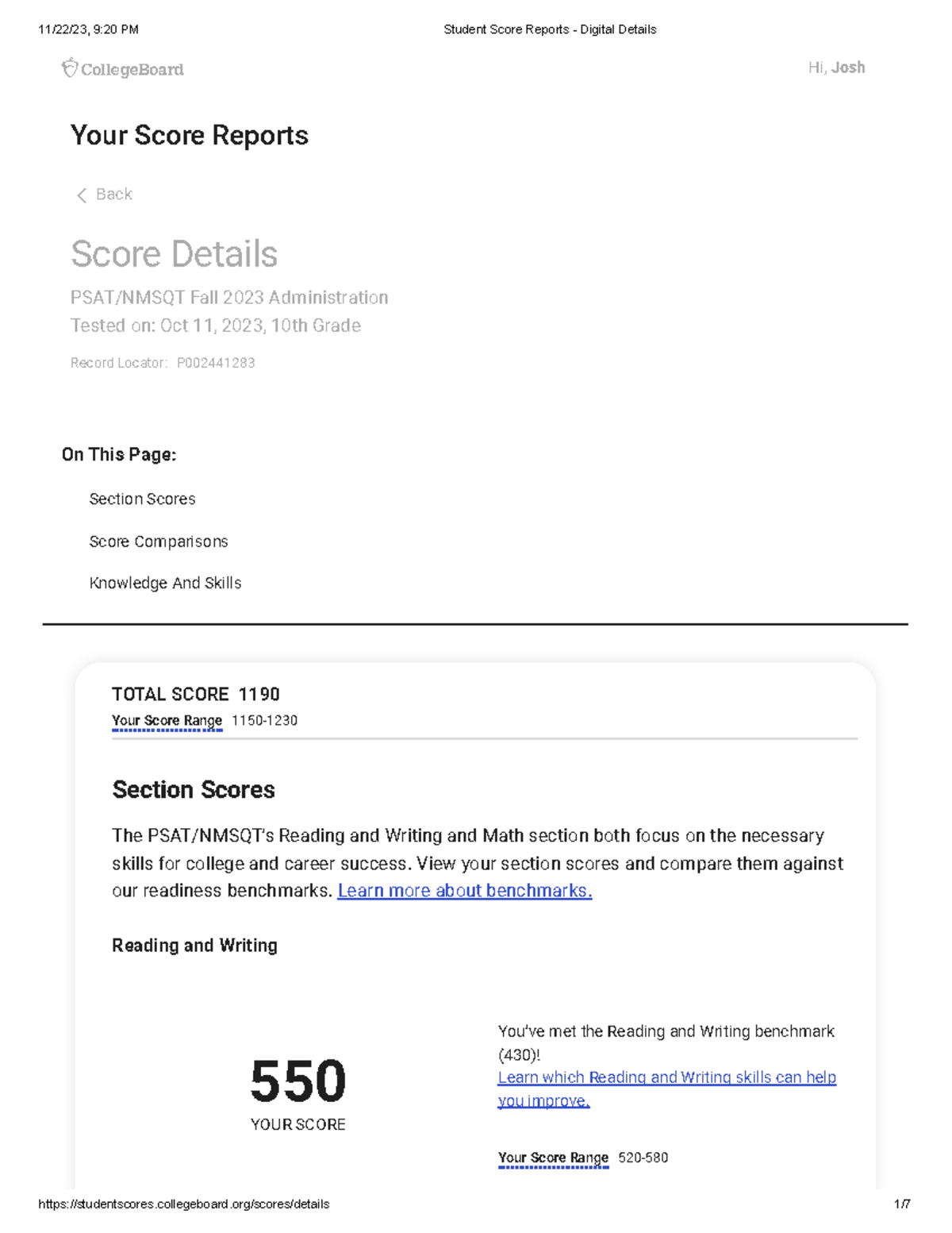 Student Score Reports - Digital Details - Your Score Reports Back Score Details PSAT/NMSQT Fall ...
