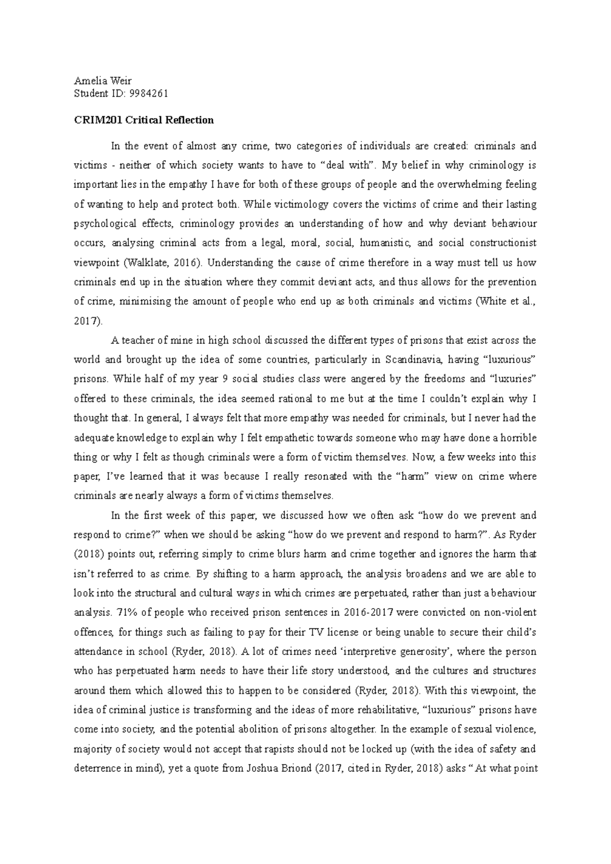 CRIM Critical Reflection - Amelia Weir Student ID: 9984261 CRIM201 ...