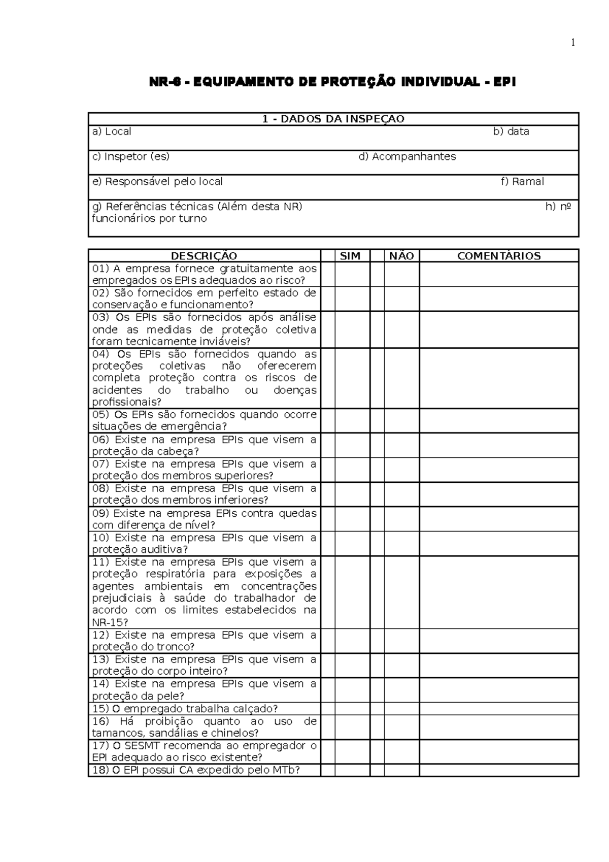 Check LIST Conformidade NR 06 - 1 NR-6 - EQUIPAMENTO DE PROTEÇÃO ...