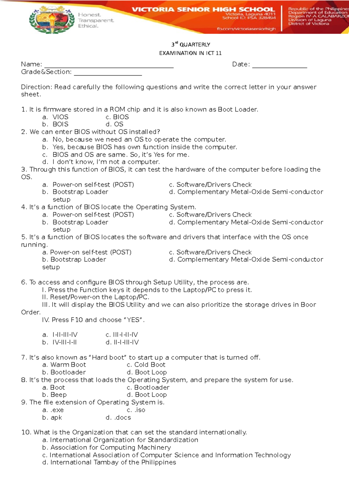 ICT 11 - Q3 TEST - Test - Name ...