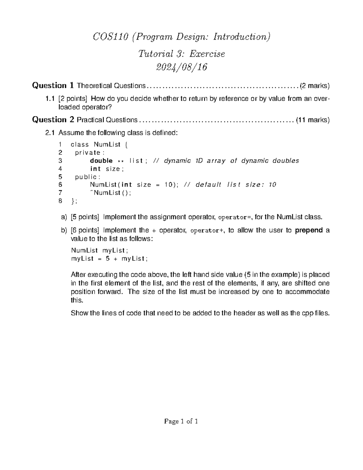 Tutorial 3 Exercise - COS110 (Program Design: Introduction) Tutorial 3: Exercise 2024/08 ...