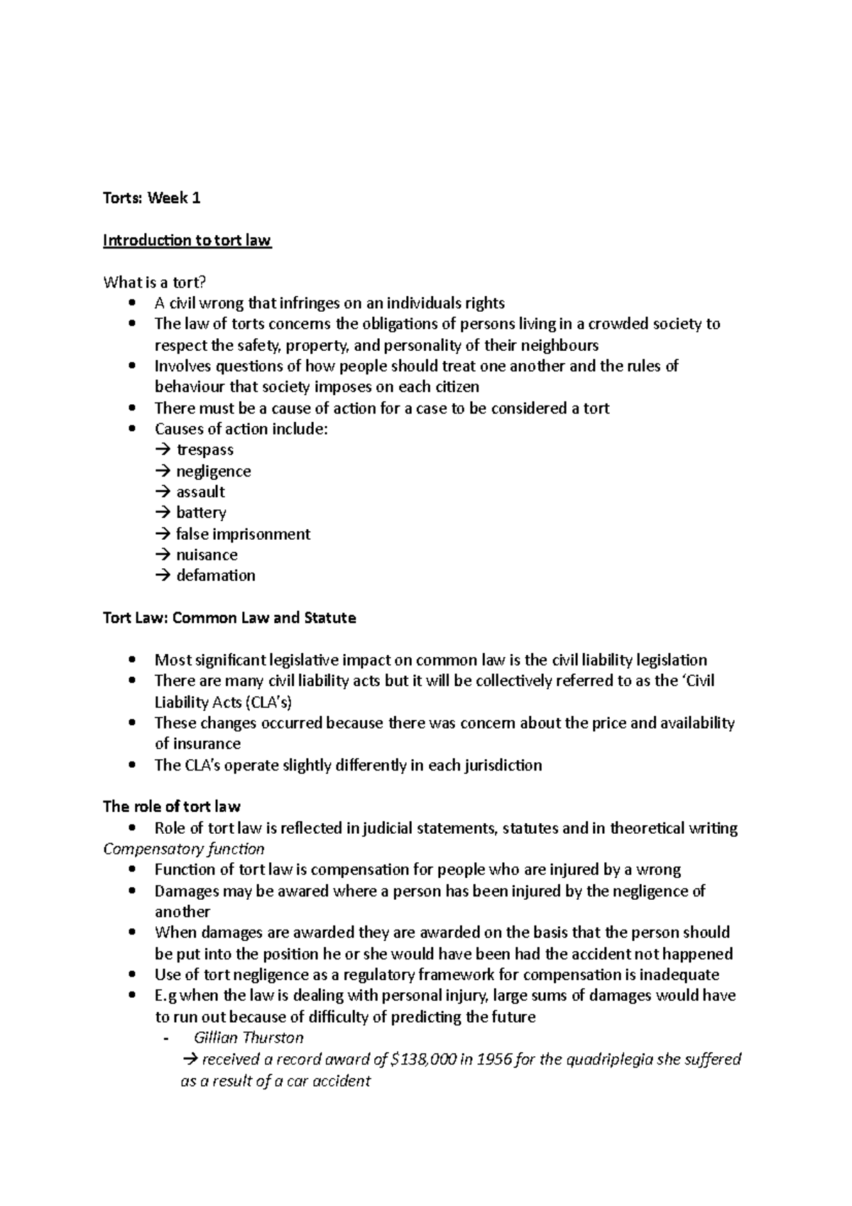 Torts notes - Torts: Week 1 Introduction to tort law What is a tort? A ...
