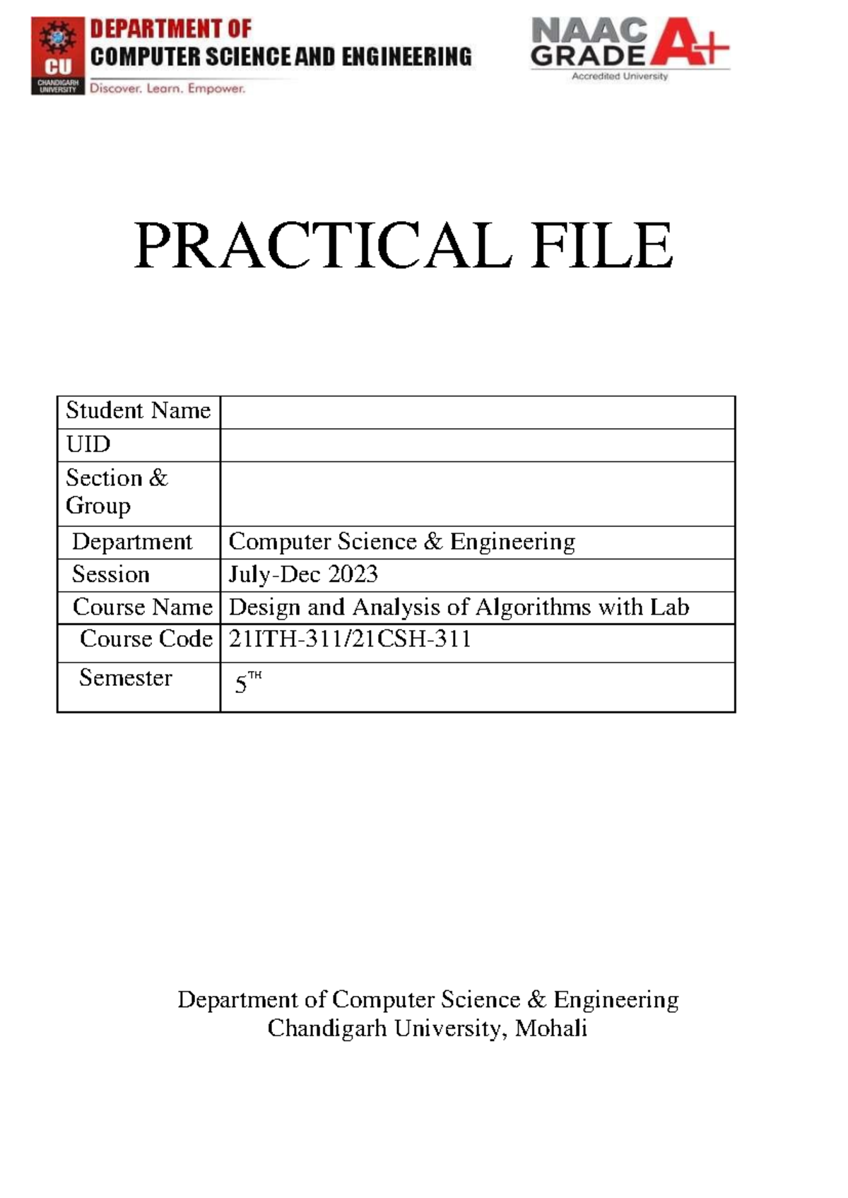 DAA Worksheet 1 - daa - PRACTICAL FILE UID Section & Group Department Computer Science & - Studocu