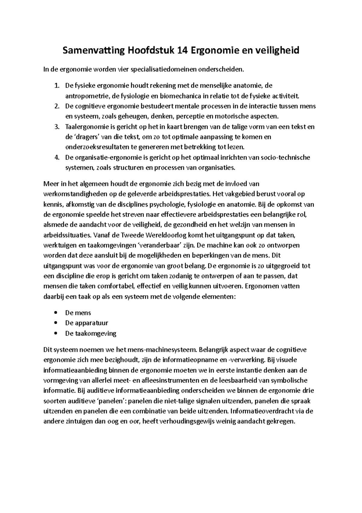 Hoofdstuk 14 Samenvatting Ergonomie en veiligheid - Samenvatting Hoofdstuk 14 Ergonomie en ...