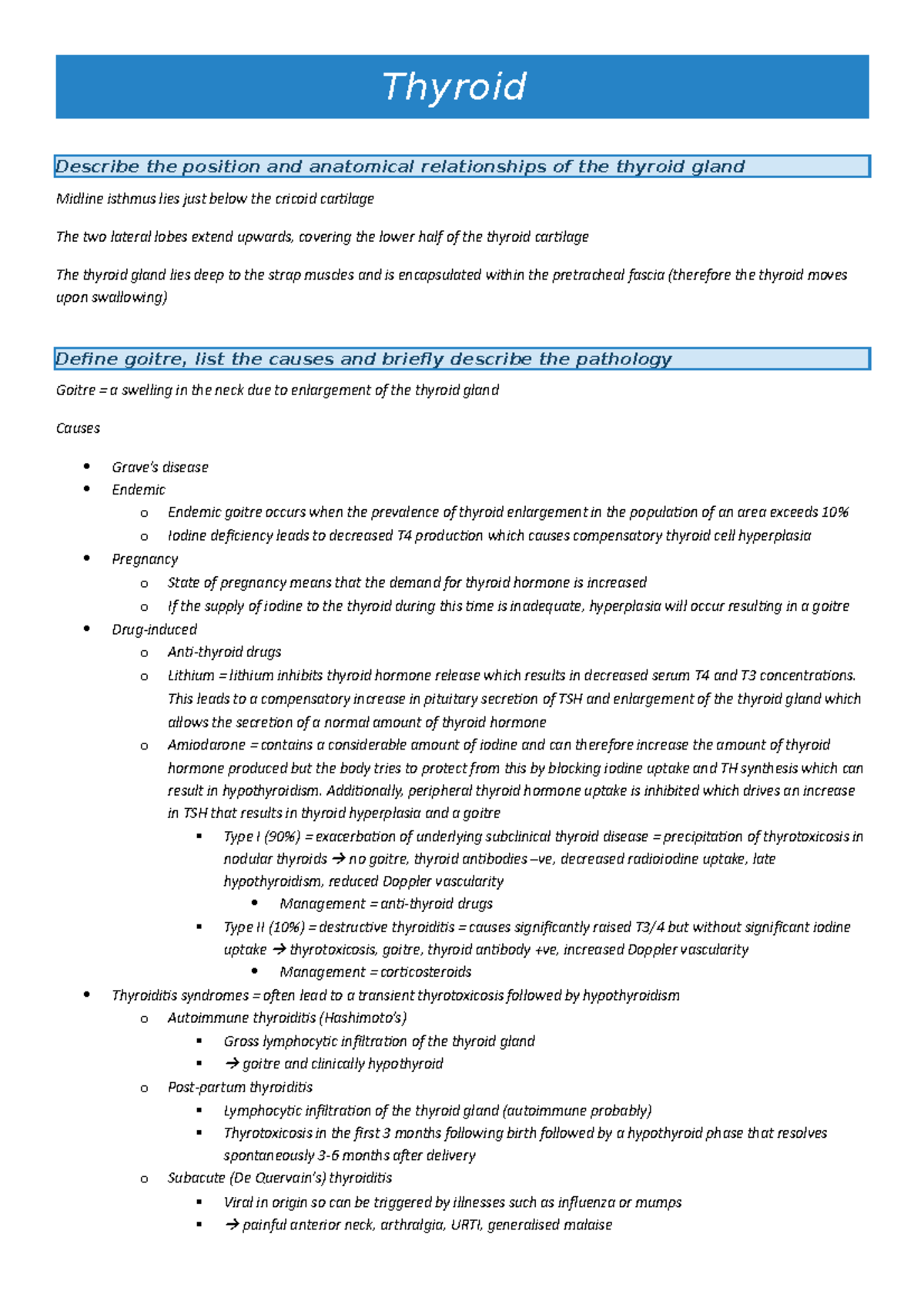Thyroid - Summary Medicine - Thyroid Describe the position and ...