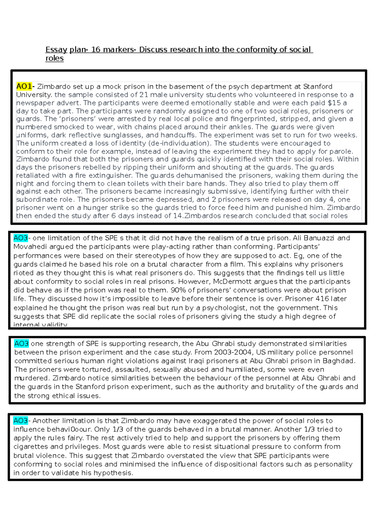 Zimbardo - Essay plan- 16 markers- Discuss research into the conformity ...