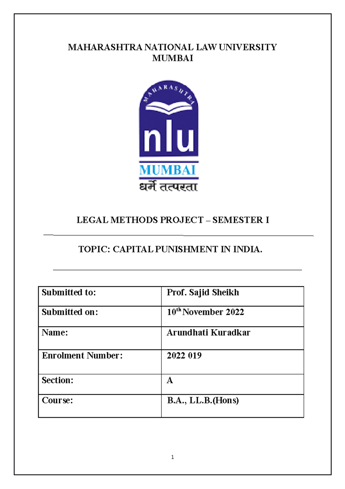 LM Draft SEM1 - project on Legal methods semester 1 - MAHARASHTRA ...