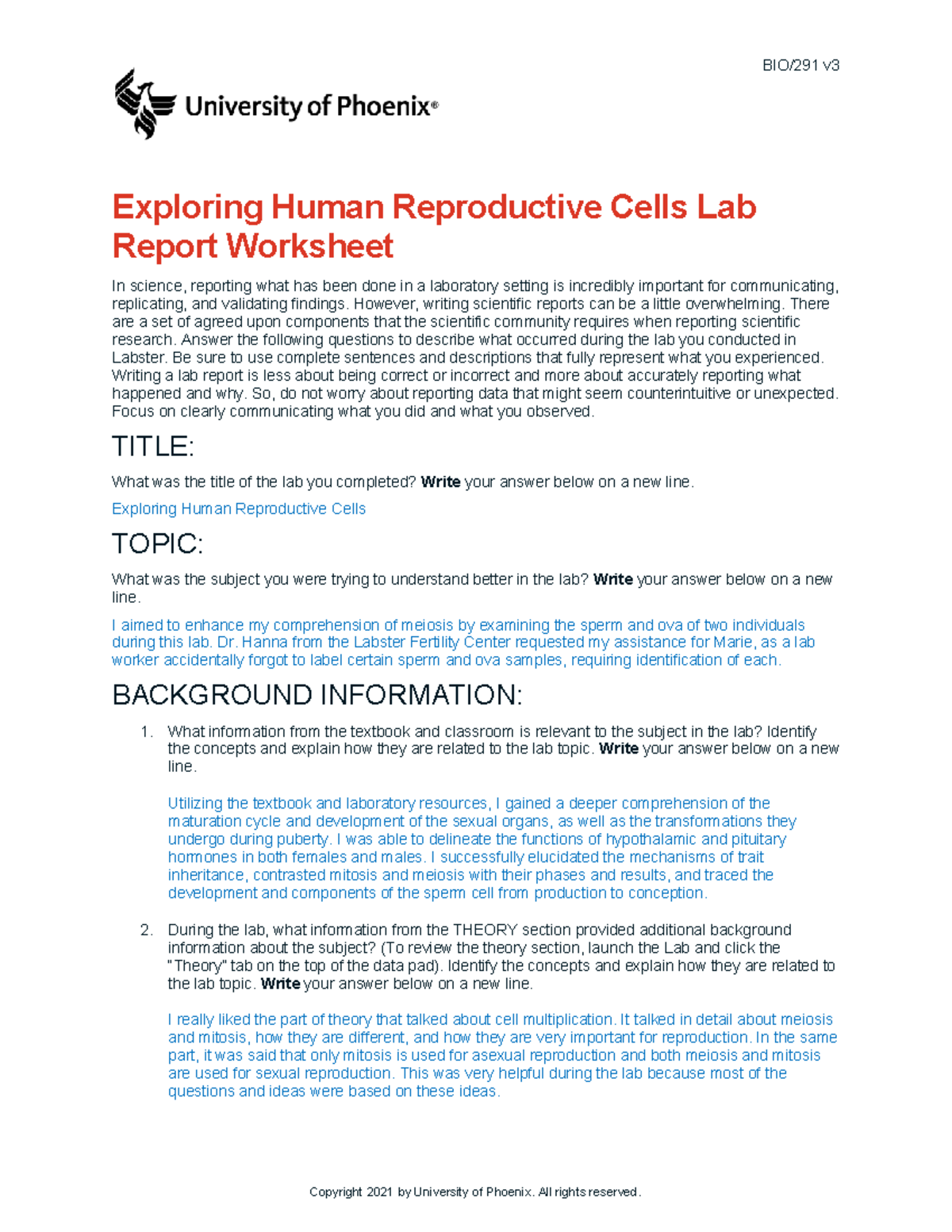 Bio291 v3 wk6 exploring human reproductive cells report - BIO/291 v ...