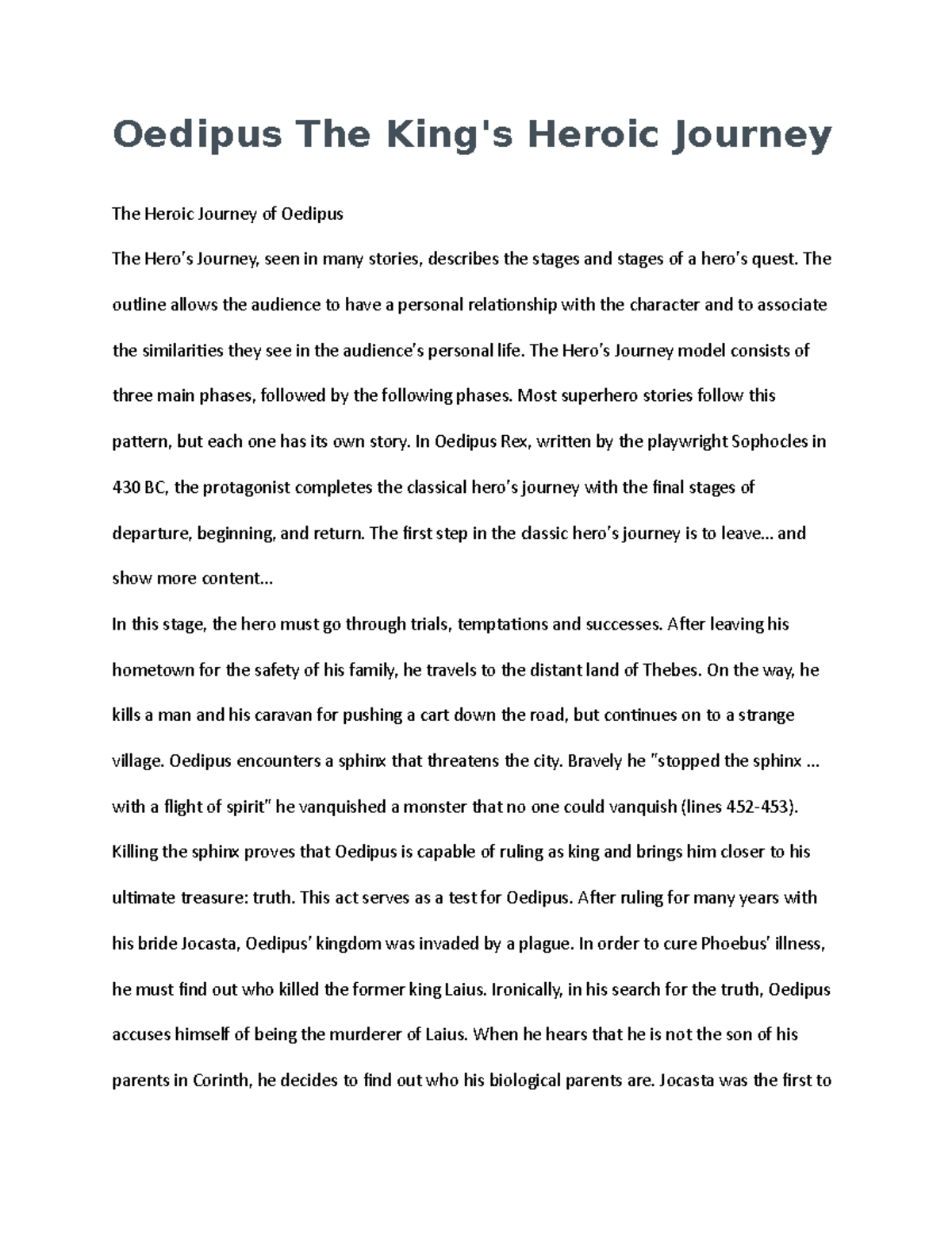 Oedipus The King's Heroic Journey - The outline allows the audience to ...