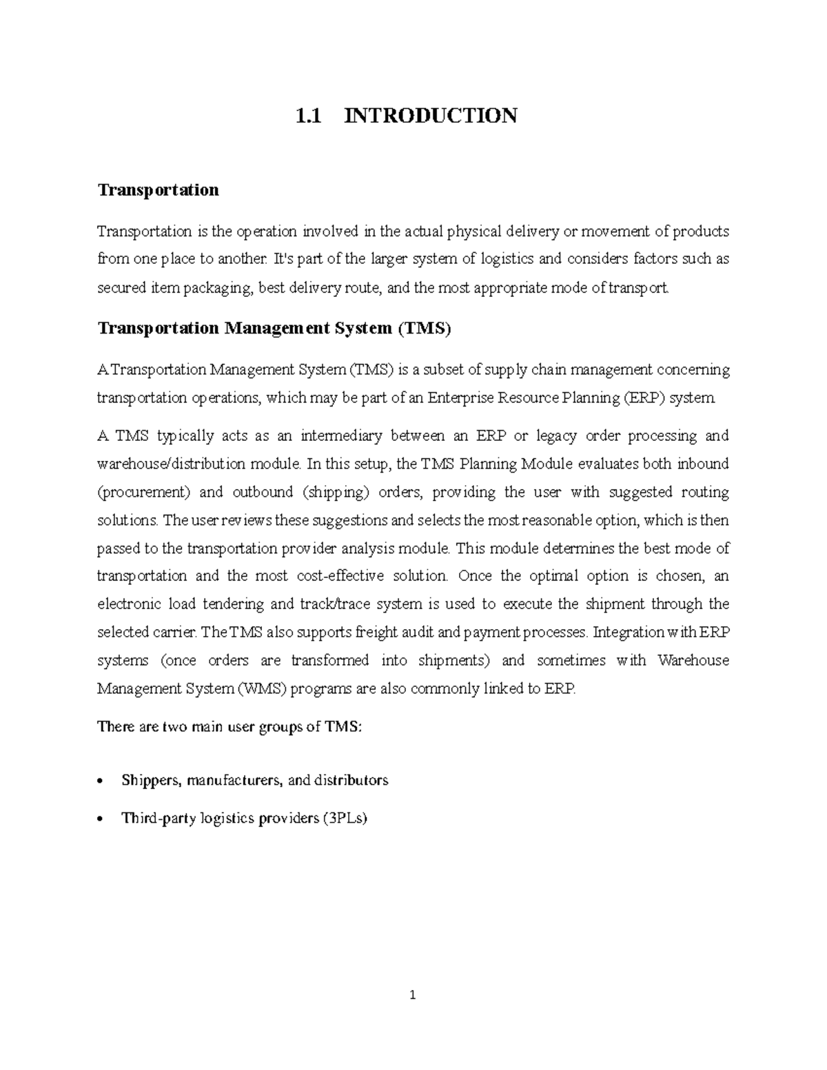 Transportation Management System - 1 INTRODUCTION Transportation ...
