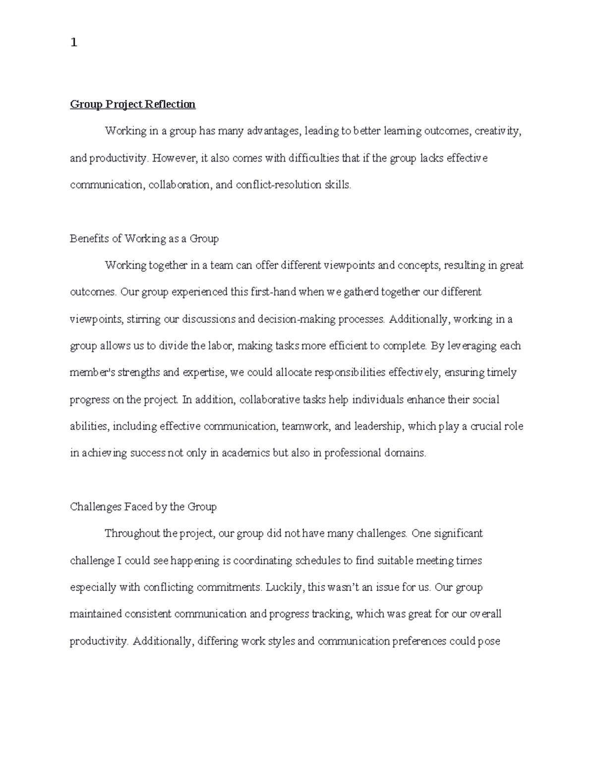 Group Project Reflection - 1 Group Project Reflection Working in a ...