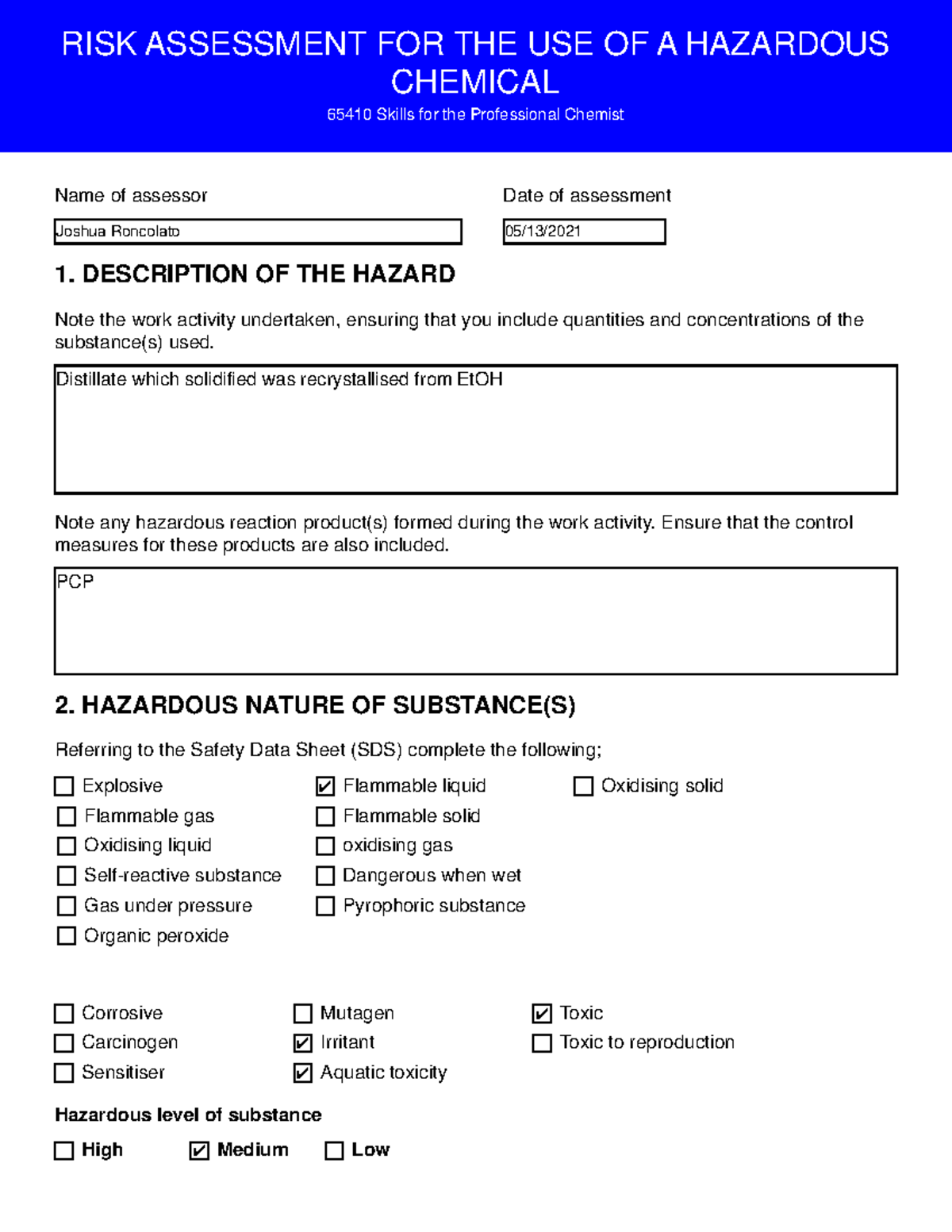 Hazardous Chemical Template auto Et OH PCP - RISK ASSESSMENT FOR THE ...