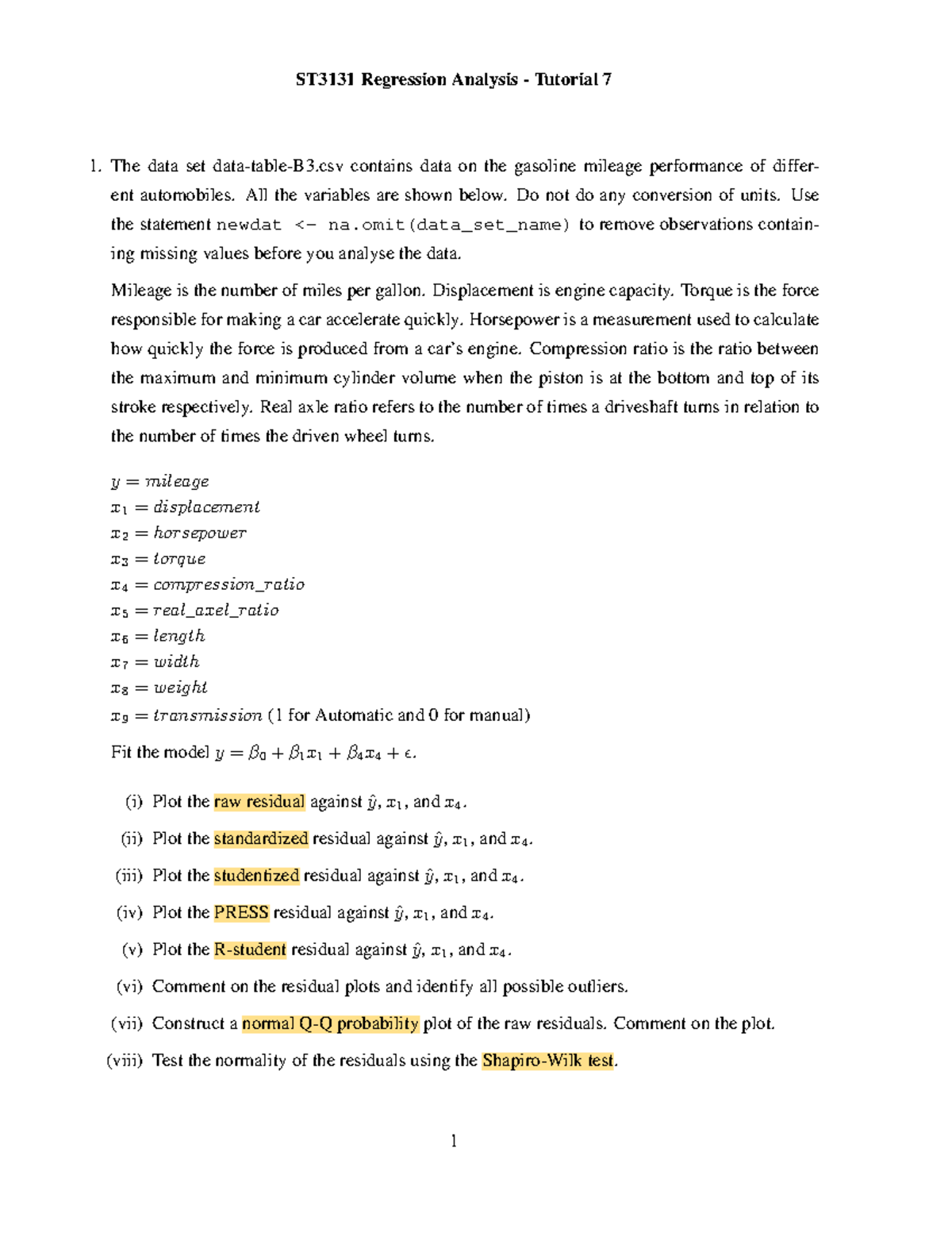 Tutorial 7 - ST3131 Regression Analysis - Tutorial 7 The data set data-table-B3 contains data on ...