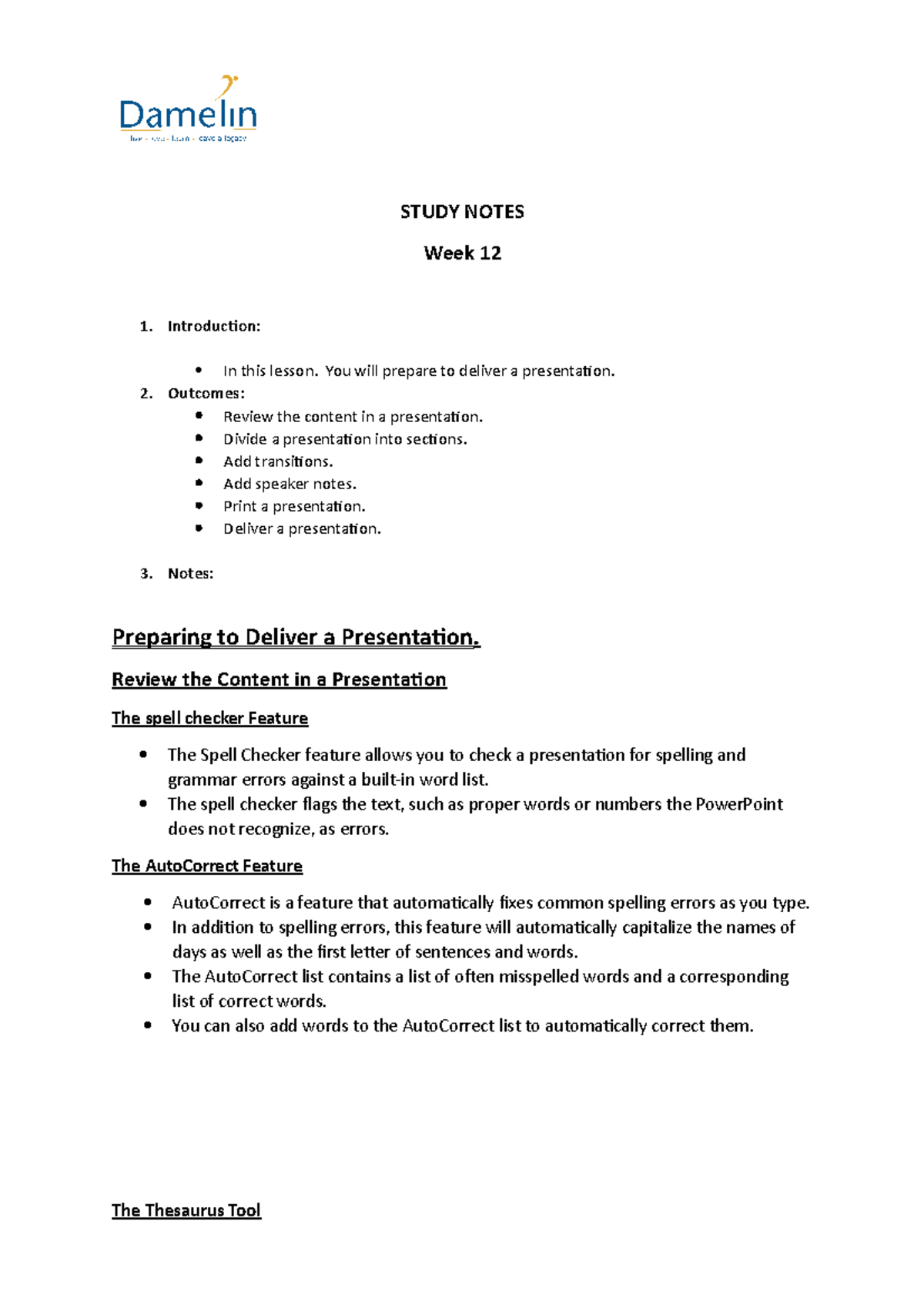 Preparing to Deliver a Presentation - STUDY NOTES Week 12 1 ...