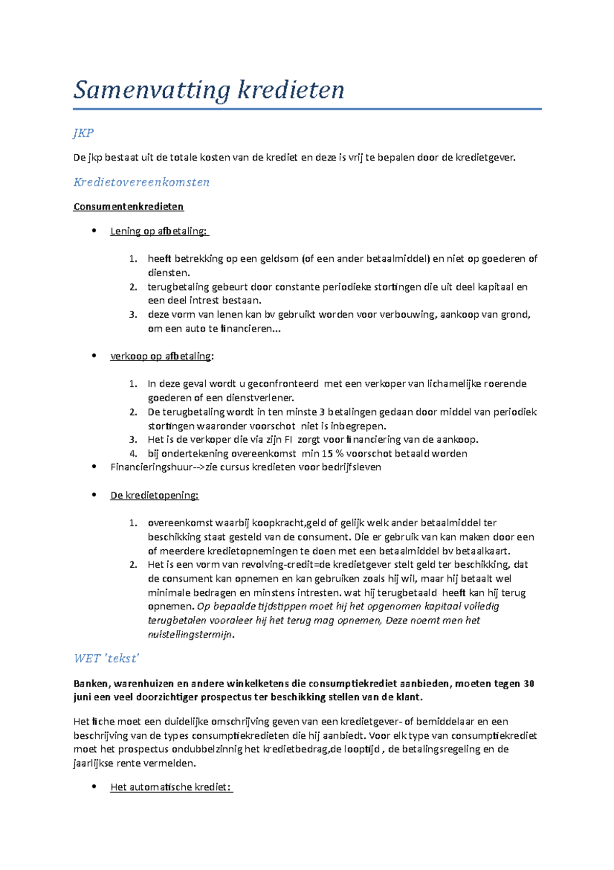 Samenvatting kredieten - Kredietovereenkomsten Consumentenkredieten ...