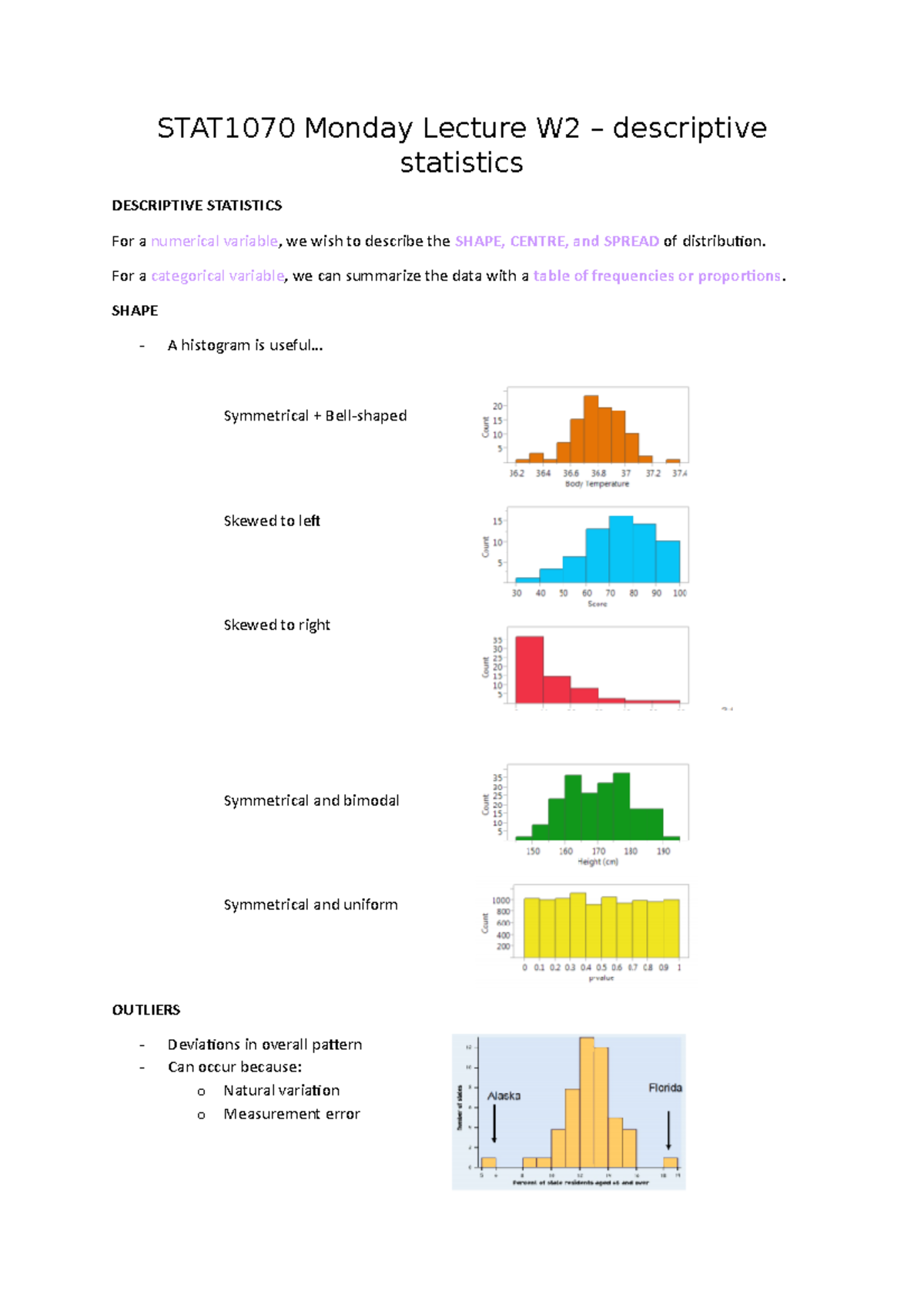 Stat w2 - week 2 - STAT1070 Monday Lecture W2 – descriptive statistics DESCRIPTIVE STATISTICS ...