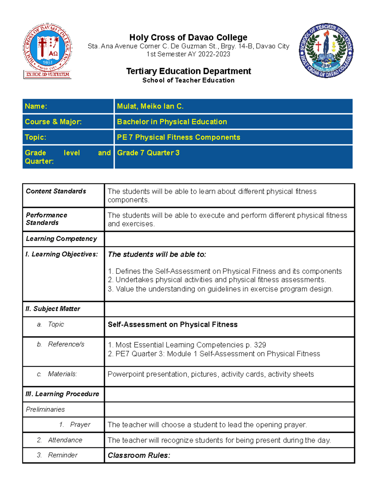 Lesson Plan Grade 7 PE Meiko Ian Mulat - Holy Cross of Davao College ...