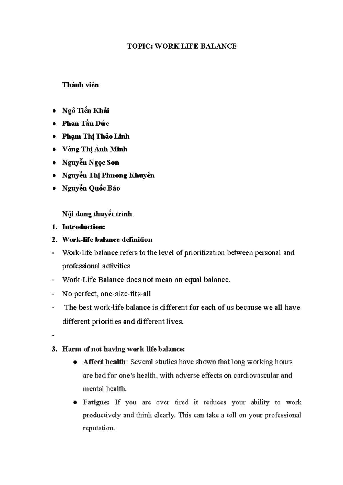 Handout - TOPIC: WORK LIFE BALANCE Thành viên Ngô Tiến Khải Phan Tấn ...